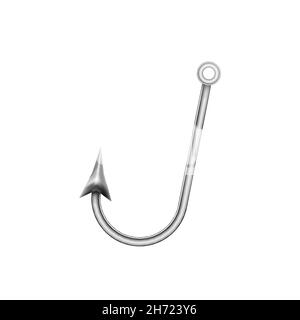 Bright glossy silver metal fishing hook on a rope isolated on white ...