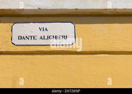 A street sign for Via Dante Alighieri, the street where Dante's house ...