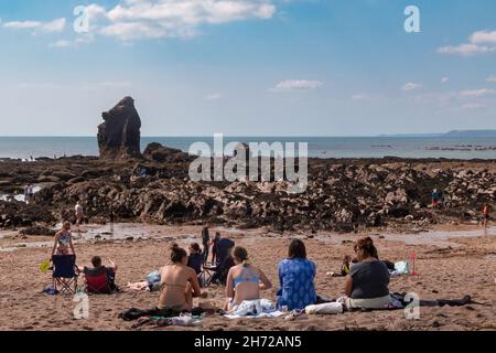 View the Thurlestone Rock at South Milton Sands, Devon, UK Stock Photo ...