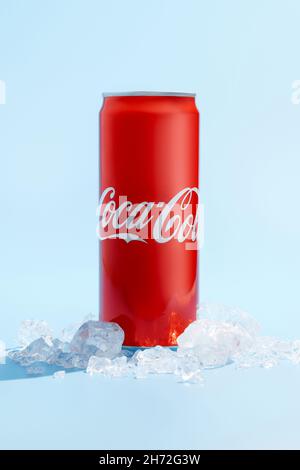 Kyiv, Ukraine - November 13, 2021. Coca cola can in crushed ice. Soft ...