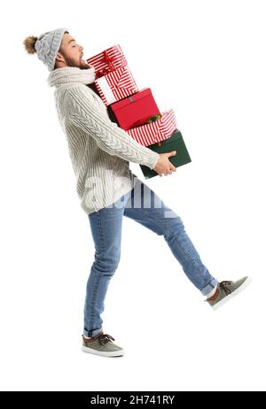 Christmas Eve. happy bearded man hipster wear red festive elf costume ...