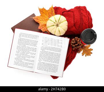 Opened book, sweater, paper cup with drink on white background Stock ...