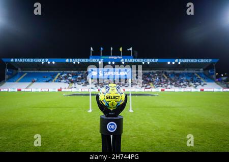 Odense, Denmark. 19th Nov, 2021. The players of OB enter the pitch for ...
