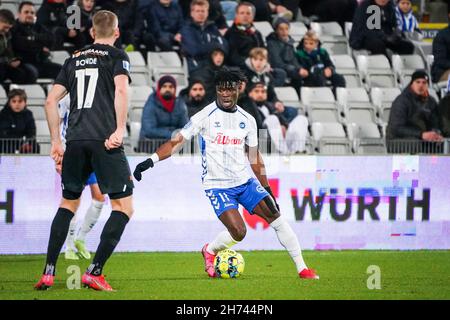 Odense, Denmark. 19th Nov, 2021. The players of OB enter the pitch for ...