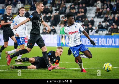Odense, Denmark. 19th Nov, 2021. The players of OB enter the pitch for ...