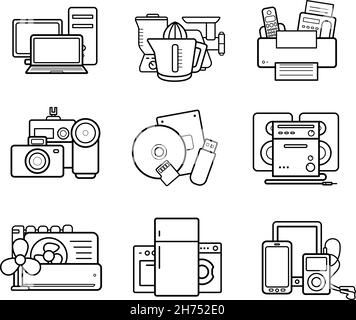 Consumer electronics linear icons set. Smartph, Tablet, Laptop, Smartwatch, Headphs, Speaker ...