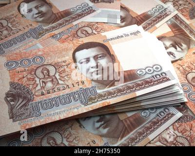 Money of Cambodia. Riels bills. KHR banknotes. 100 Khmer. Business ...