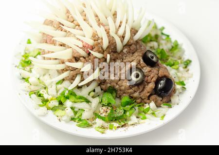 german food mett ground pork, bun and raw meat with onion and parsley ...