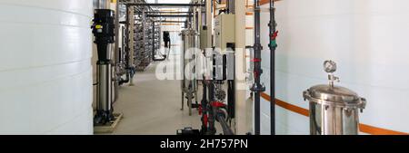Panoramic photo of pipes and tanks. Chemistry and medicine production ...