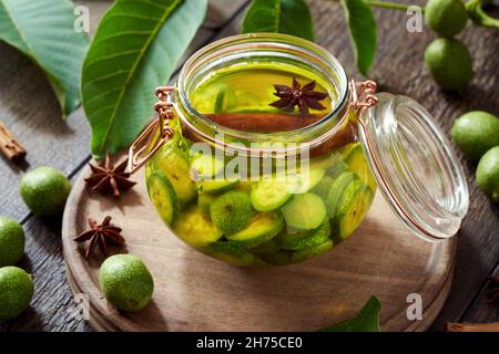 Macerating unripe walnuts in alcohol in a jar, to prepare homemade nut ...