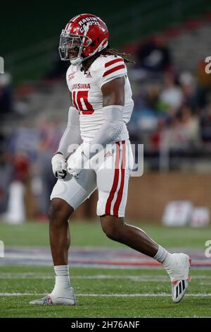 Louisiana-Lafayette defensive lineman Andre Jones (10) holds the ball ...