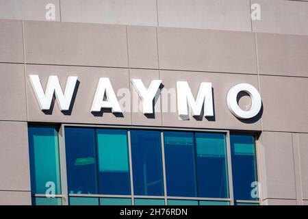 Waymo sign, logo on headquarters an American autonomous driving ...