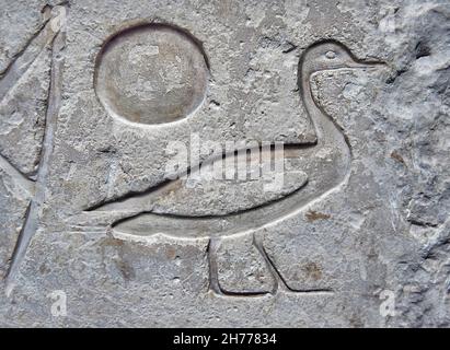 Ancient Egyptian hieroglyphic from the lintel of the temple of Sesotris ...
