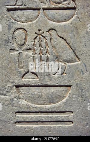 Ancient Egyptian hieroglyphic from the lintel of the temple of Sesotris ...