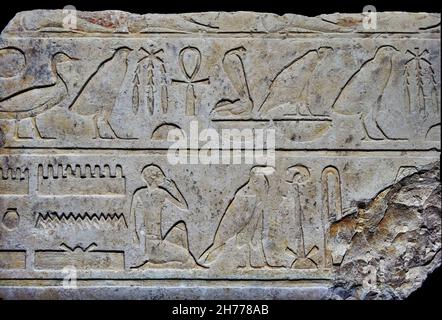 Ancient Egyptian hieroglyphic from the lintel of the temple of Sesotris ...