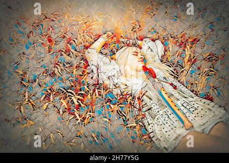 girl playing on shaman flute in the nature. Painting effect Stock Photo ...