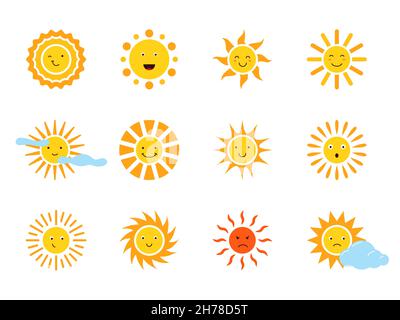 Sun smiles, sunshine cute characters, happy summer cartoon faces ...