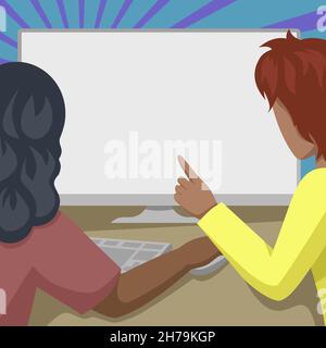 Couple Drawing Using Desktop Computer Helping Each Other Accomplishing ...