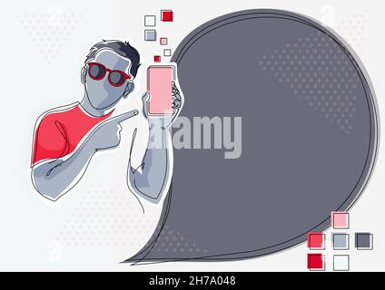 Line Drawing For Youth Guy Holding Phone Presenting New Ideas With ...