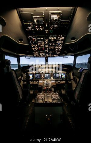 plane interior, cockpit view inside the airliner Stock Photo - Alamy