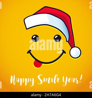 Merry Christmas card with smile emoji face. Vector illustration in flat ...