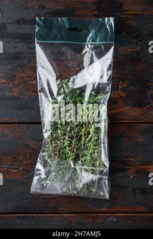 Thyme in plastic bag set, on white background, top view flat lay Stock ...