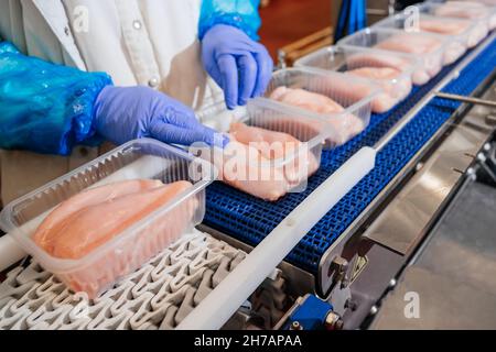 Meat processing,food industry.Packing of meat slices in boxes ,conveyor ...