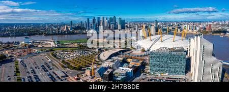 Aerial view of the Millennium Dome structure with masts and roof ...