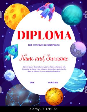 Kids diploma of space voyager, cartoon fantastic space rockets and ...