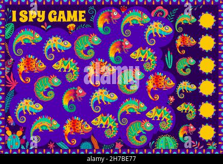 I spy game worksheet mexican chameleon lizards. Kids vector counting ...