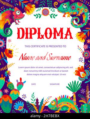 Kids education diploma with cartoon chameleons in tropical jungle ...