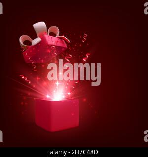 Open red gift box present with flying hearts, burst explosion confetti ...
