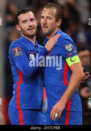 Harry Kane of England is congratulated by Ben Chilwell (C) and Jadon ...