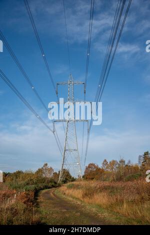 Large electricity pylon over a dirt track with autumn colours on a ...