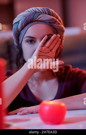 Female fortune-teller hand demonstrating three palmar creases Stock ...