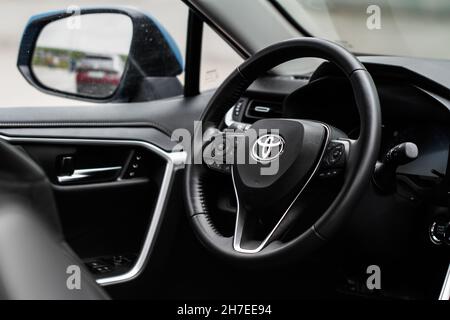 MOSCOW, RUSSIA - SEPTEMBER 9, 2021 Toyota company logo close-up view on ...