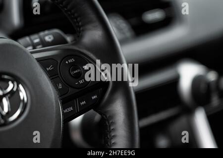 MOSCOW, RUSSIA - SEPTEMBER 9, 2021 Toyota company logo close-up view on ...