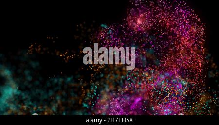 Image of pink and blue particle cloud and light moving on black ...
