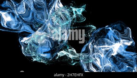 Image of white and blue particles and liquids moving on black ...