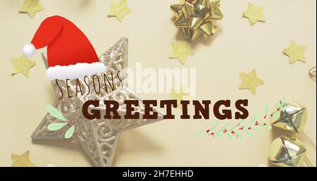 Image of season's greetings text over snow falling and winter landscape ...