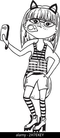 A girl black and white doodle character illustration Stock Vector Image ...