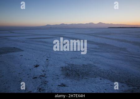Aerial view of Lake Sevan covered with ice captured in winter Stock ...