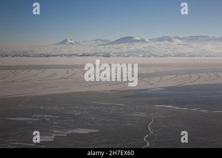 Aerial view of Lake Sevan covered with ice captured in winter Stock ...
