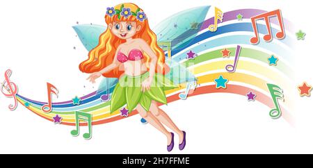 Cute fairy cartoon character with melody rainbow wave illustration ...