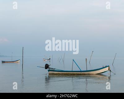 Mooring stakes and boats at dawn on the coast of Surat Thani province ...