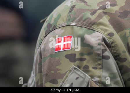 Flag of Denmark on military uniform. Army, armed forces, soldiers ...