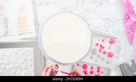Flat lay. Step by step. Decorating round funfetti cake with pink and ...