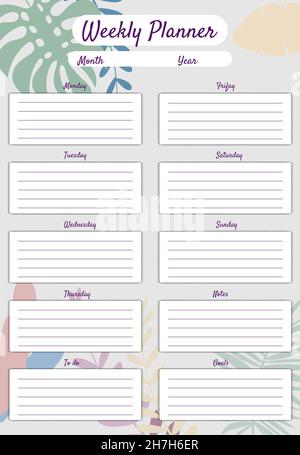 Weekly Planner template vector. Palms floral decoration background ...