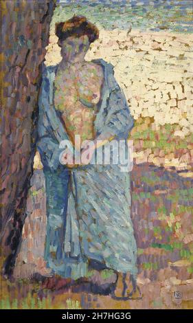 Young woman in blue peignoir drinking milk in disgust in home kitchen ...