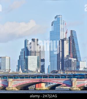 The City of London skyscrapers with the Blackfriars Bridge over the ...